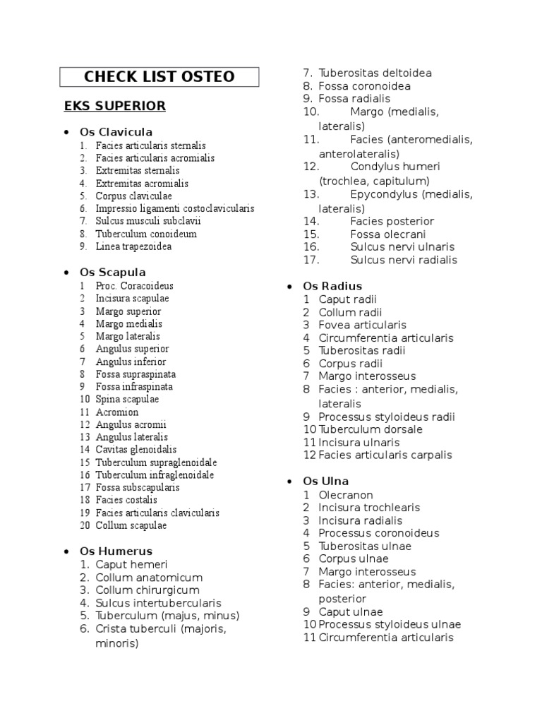 Osteology Checklist: Upper & Lower Limbs | PDF