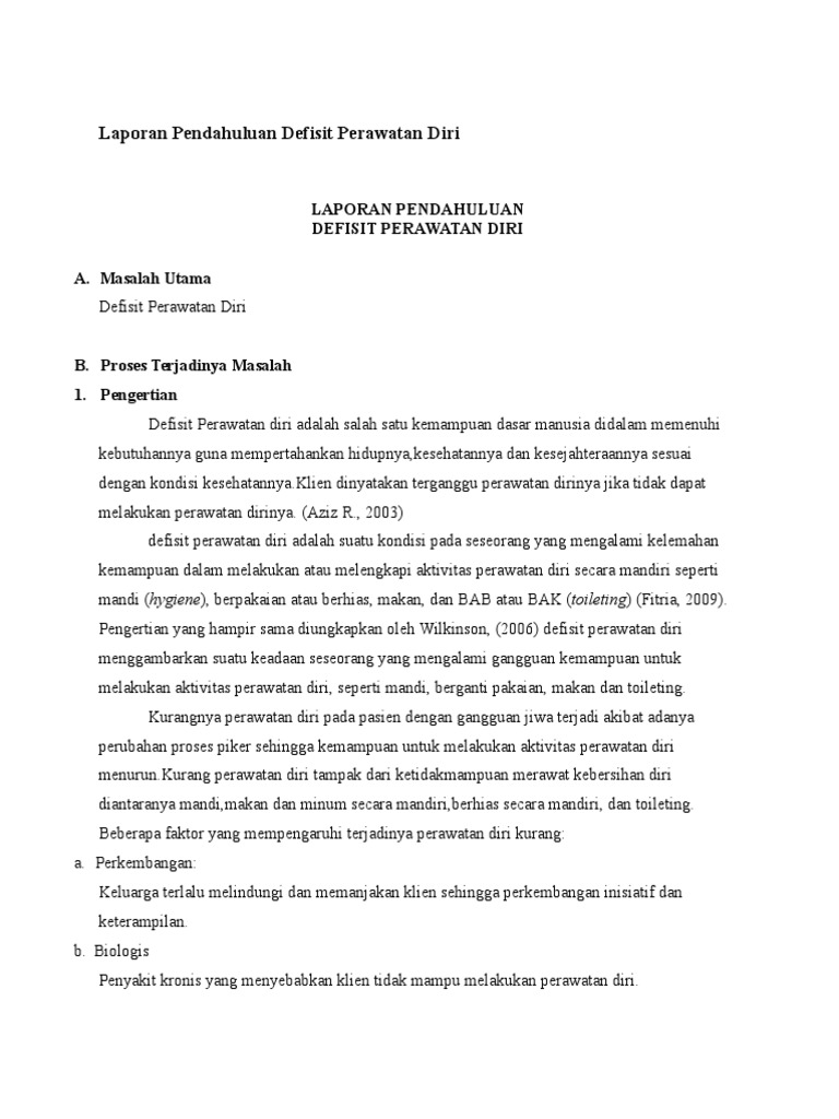 Laporan Pendahuluan Defisit Perawatan Diri | PDF