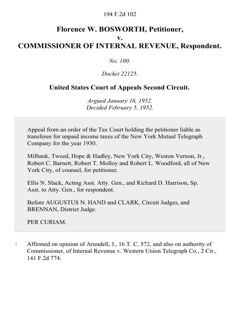 Florence W. Bosworth v. Commissioner of Internal Revenue, 194 F.2d 102 ...