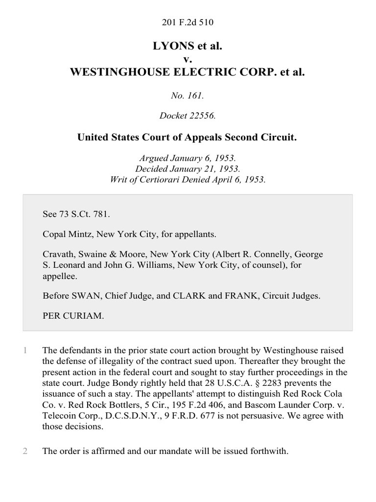 Lyons v. Westinghouse Electric Corp., 201 F.2d 510, 2d Cir. (1953) | PDF