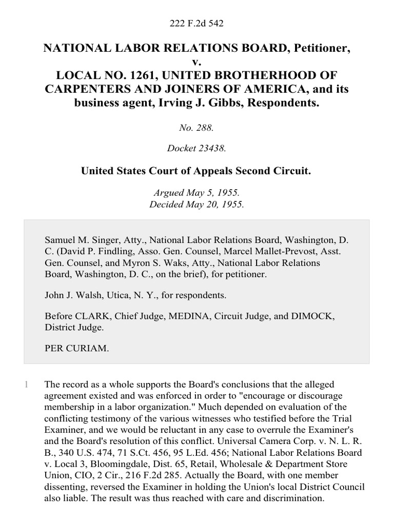National Labor Relations Board v. Local No. 1261, United Brotherhood of ...