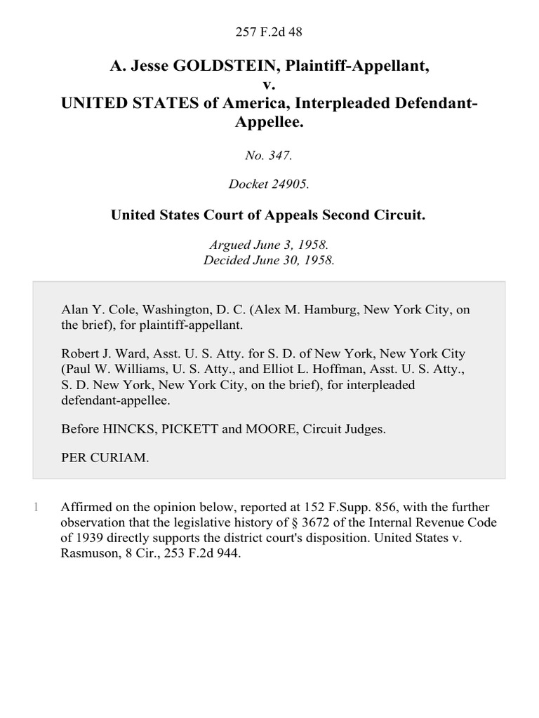 A. Jesse Goldstein v. United States of America, Interpleaded, 257 F.2d ...