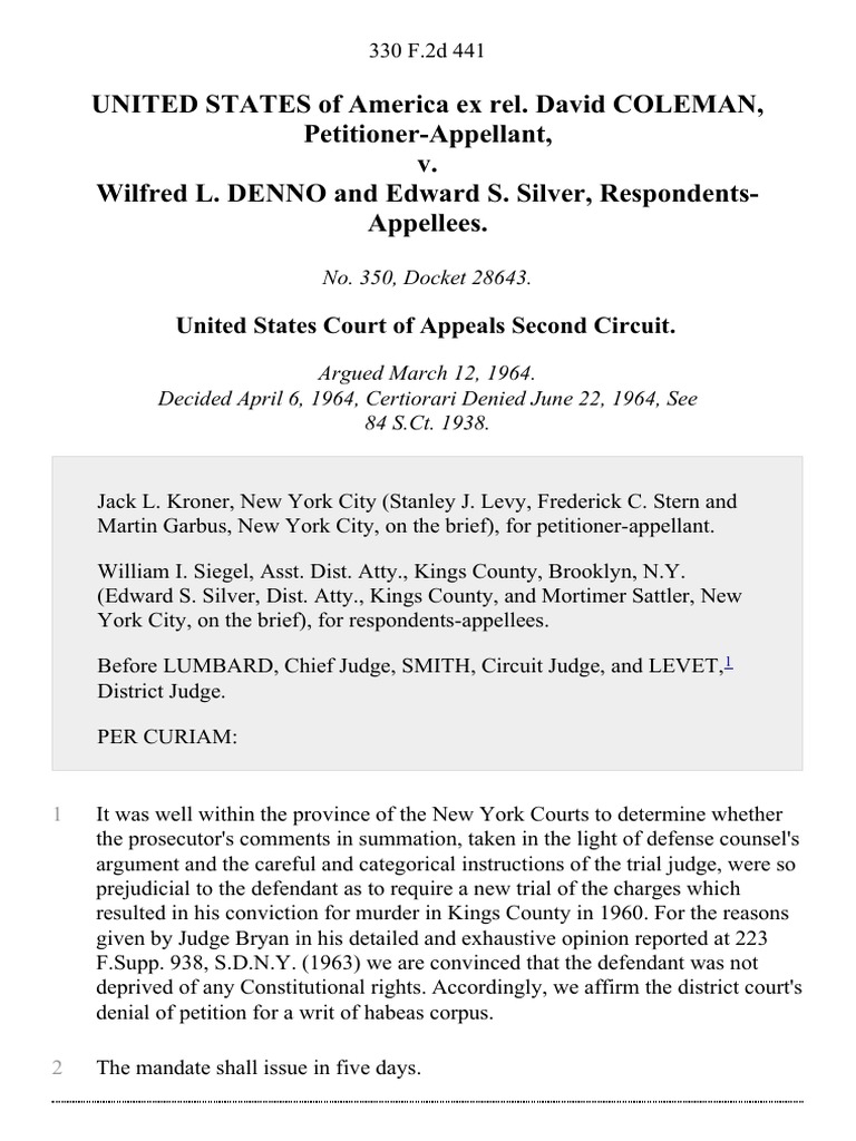United States of America Ex Rel. David Coleman v. Wilfred L. Denno and ...