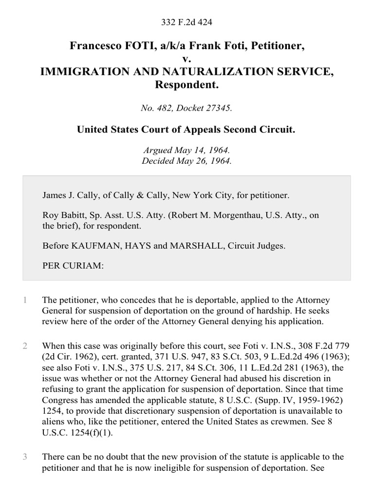 Francesco Foti, A/K/A Frank Foti v. Immigration and Naturalization ...