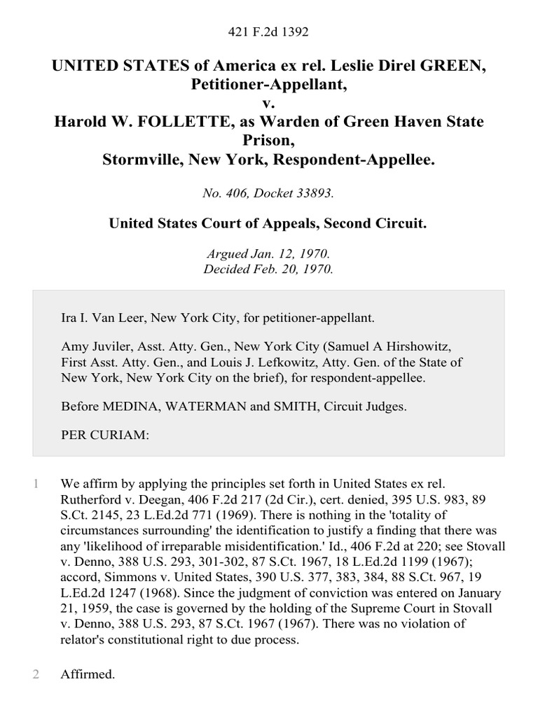 United States of America Ex Rel. Leslie Direl Green v. Harold W ...