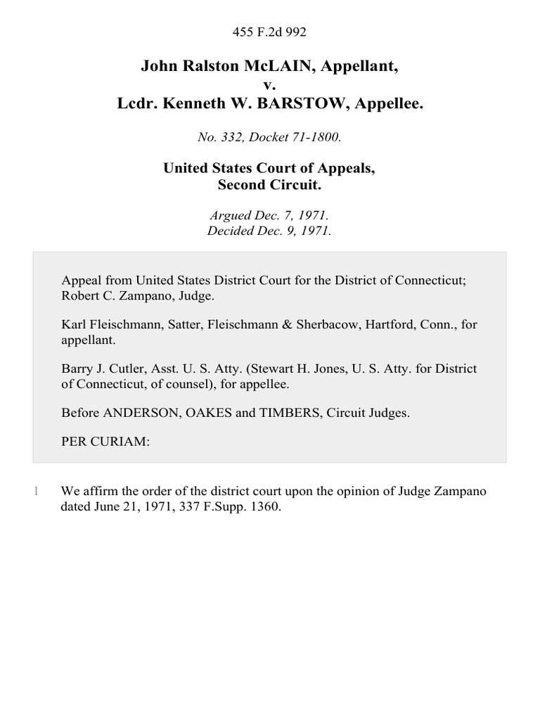 John Ralston McLain v. Lcdr. Kenneth W. Barstow, 455 F.2d 992, 2d Cir ...