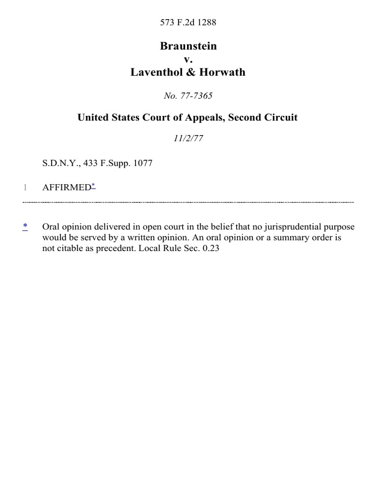 Braunstein v. Laventhol & Horwath, 573 F.2d 1288, 2d Cir. (1977) | PDF