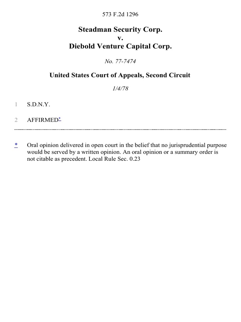 Steadman Security Corp. v. Diebold Venture Capital Corp, 573 F.2d 1296 ...
