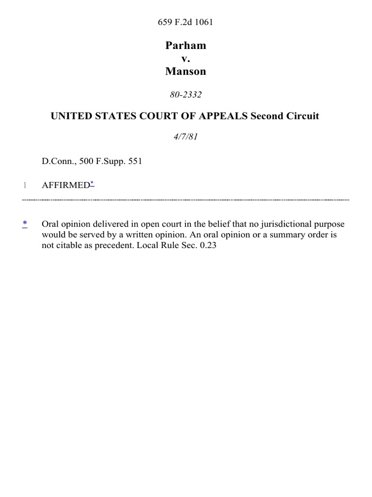 Parham v. Manson, 659 F.2d 1061, 2d Cir. (1981) | PDF | Law