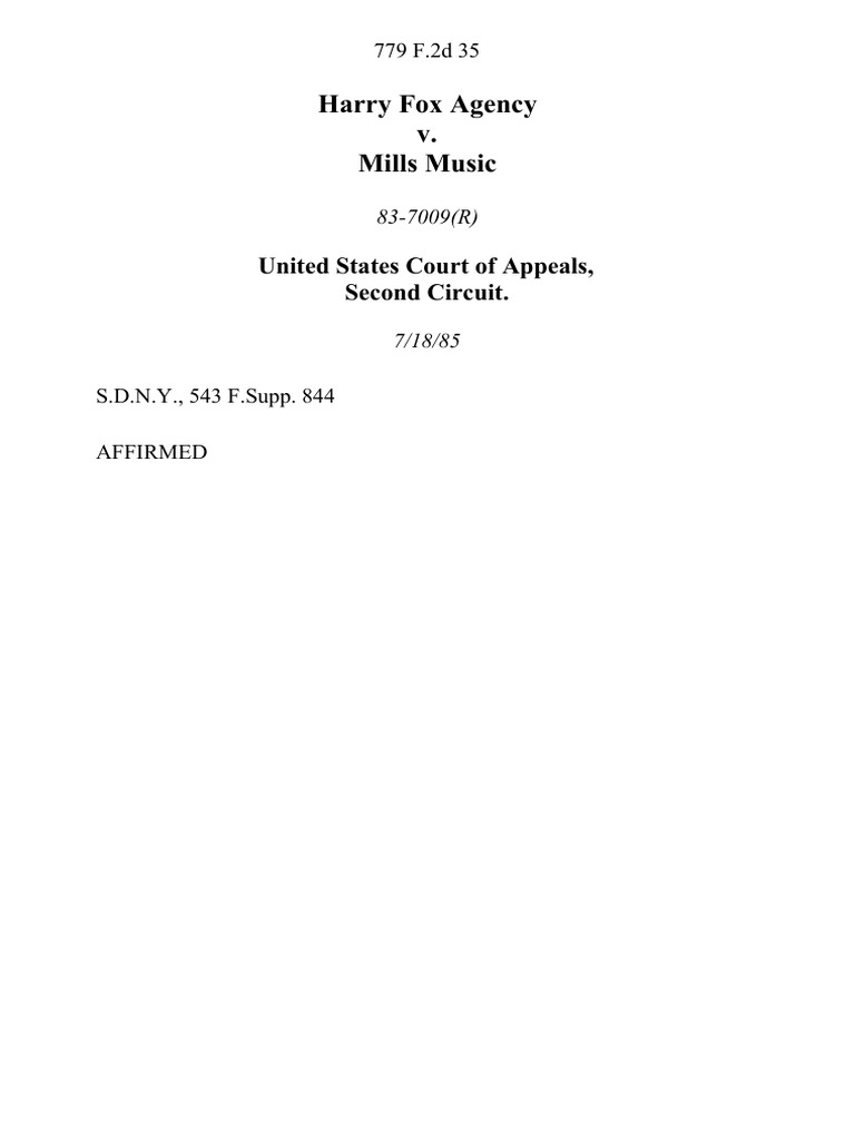 Harry Fox Agency v. Mills Music, 779 F.2d 35, 2d Cir. (1985) | PDF | Law