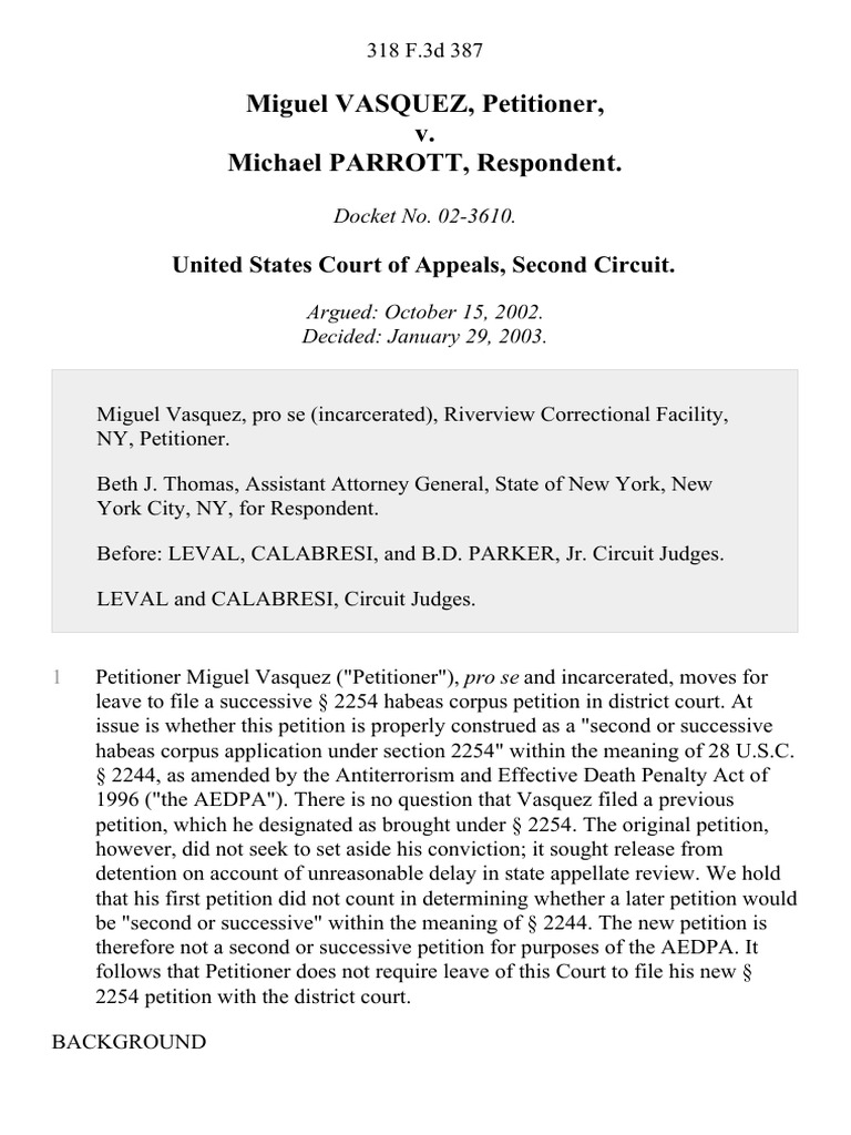 Miguel Vasquez v. Michael Parrott, 318 F.3d 387, 2d Cir. (2003) | PDF ...
