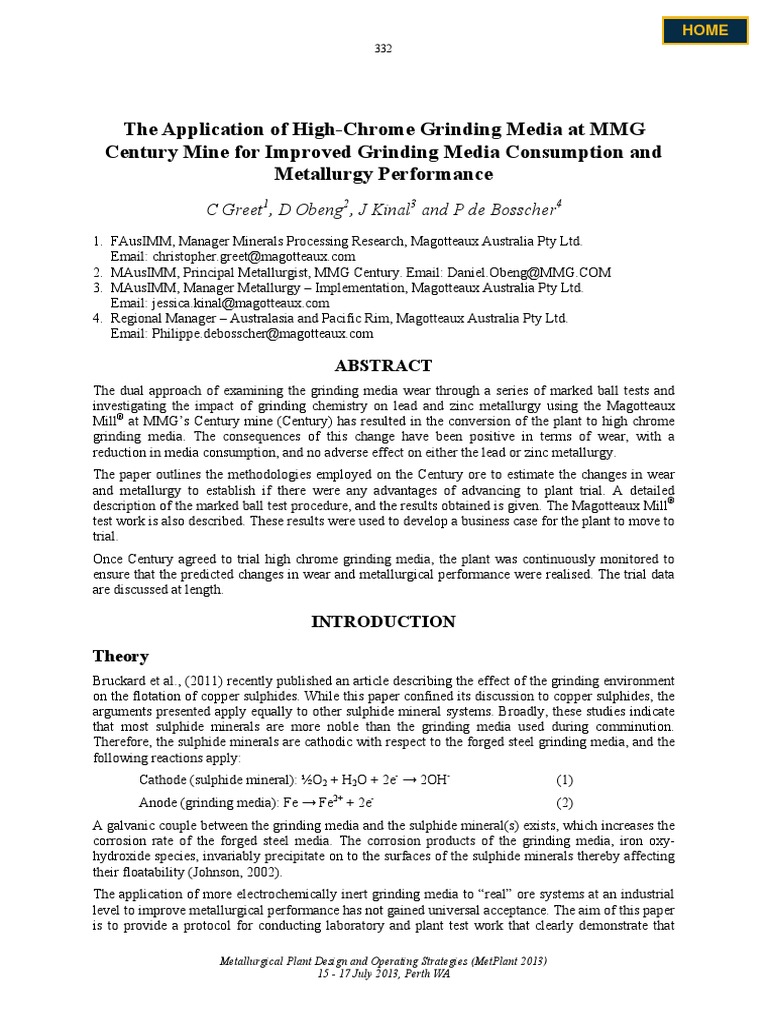 The Application of High Chrome Grinding Media at MMG Century Mine For ...