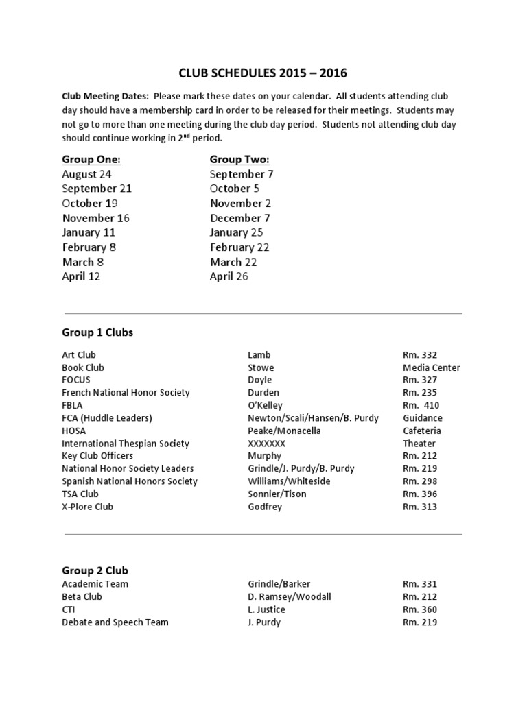 Club Day Schedule | PDF | Sports & Recreation | Art