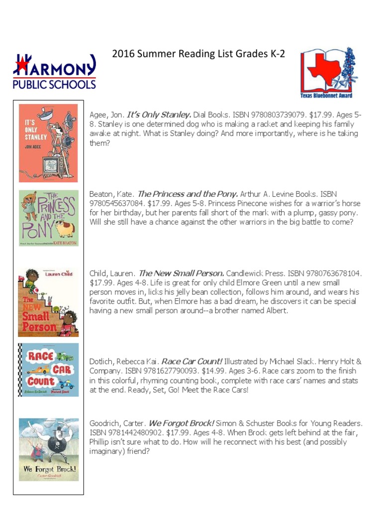 2016 Summer Reading List Grades K-2 | PDF | Organisms | Books