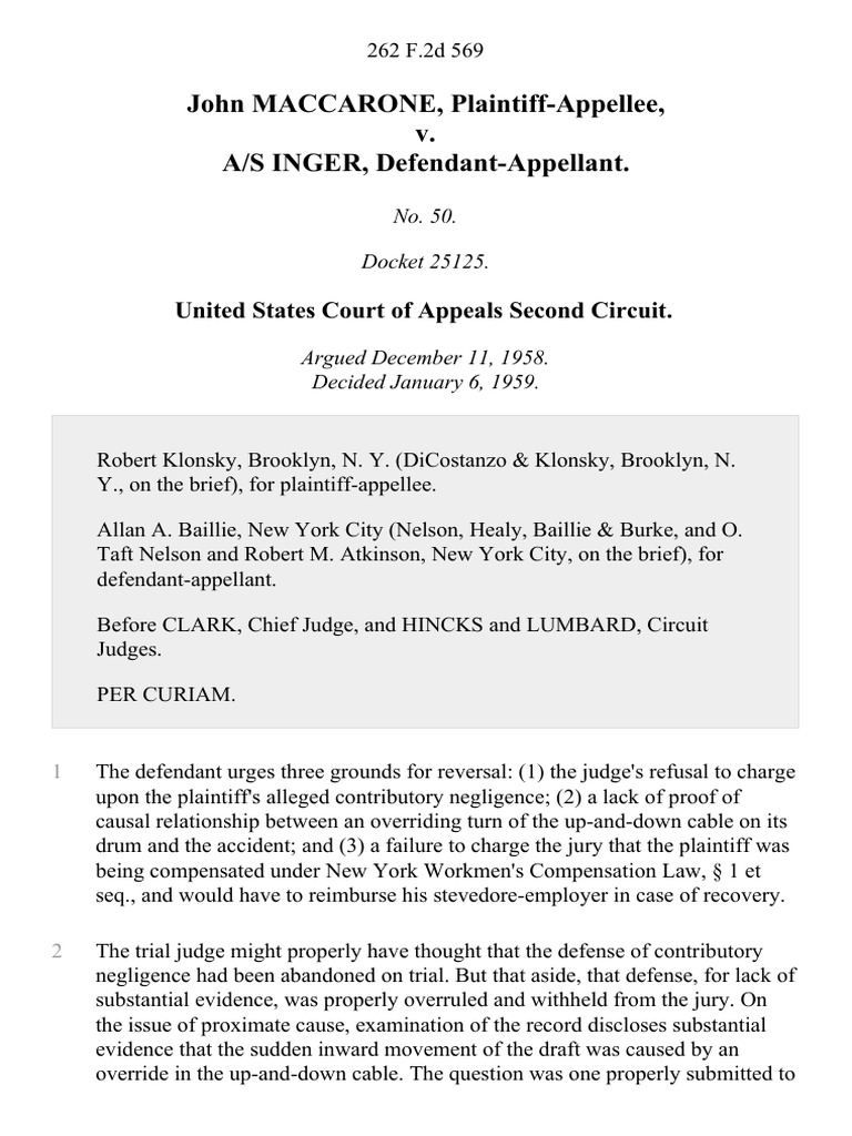 John MacCarone v. A/s Inger, 262 F.2d 569, 2d Cir. (1959) | PDF | Politics