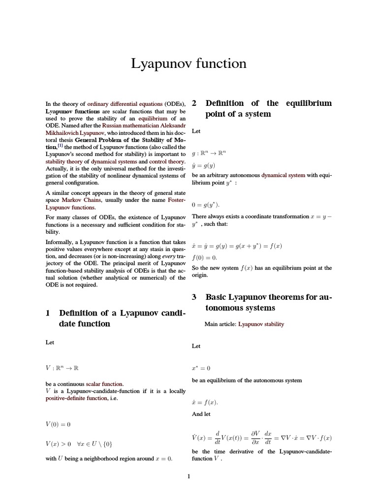 Lyapunov Function - Dynamical Systems | PDF | Stability Theory | Ordinary Differential Equation