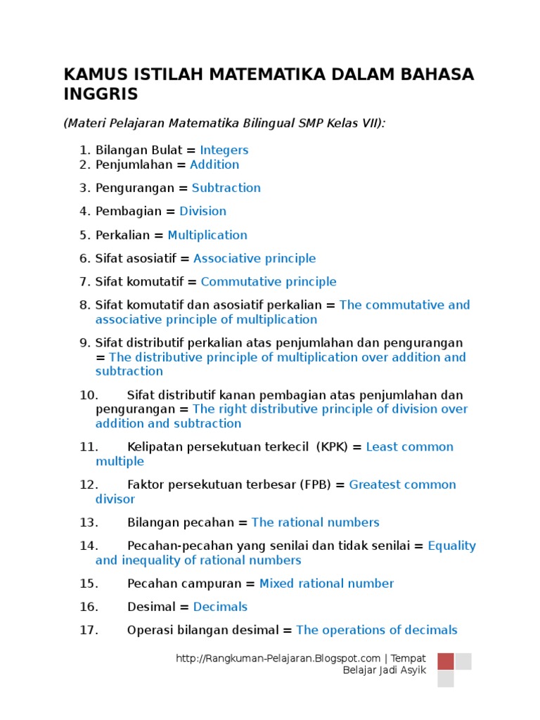Kamus Istilah Matematika Dalam Bahasa Inggris: (Materi Pelajaran ...