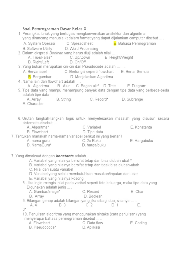 Soal Pemrograman Dasar Kelas X | PDF