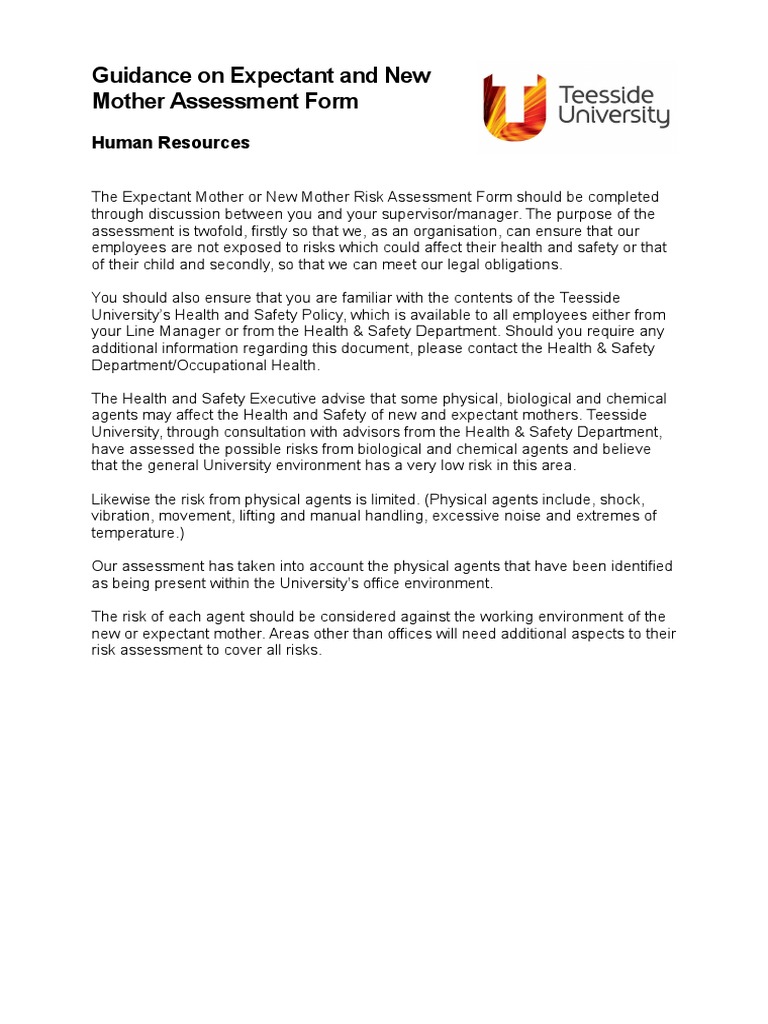 Expectant and New Mothers Risk Assessment Form | Occupational Safety ...