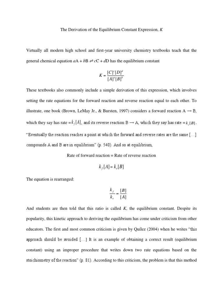 The Derivation of The Equilibrium Constant Expression | PDF | Chemical ...