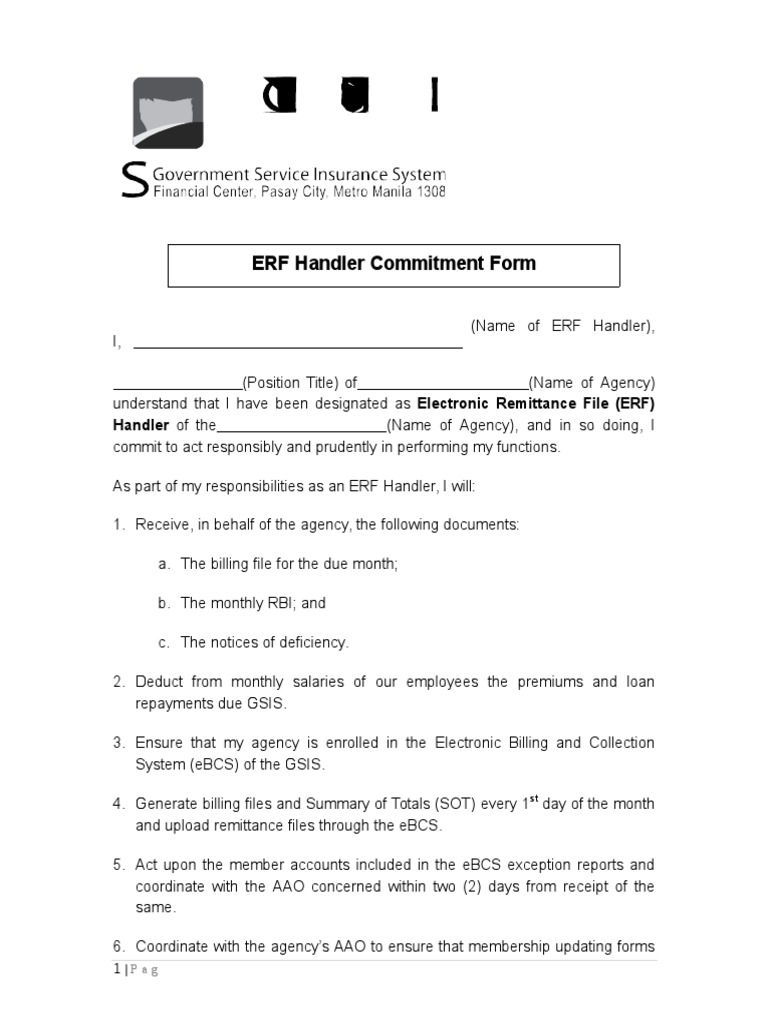GSIS Commitment Form for ERF Handler