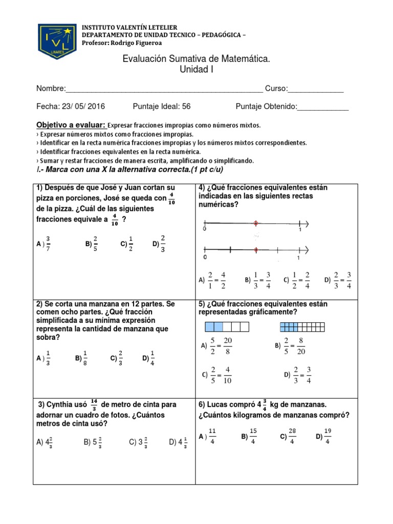 Pruebas 6° Fracciones | PDF | Fracción (Matemáticas) | Enseñanza de ...