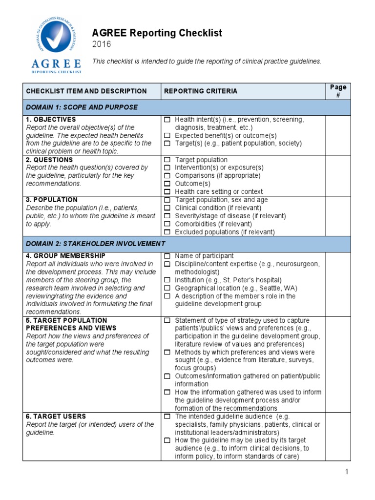 AGREE Reporting Checklist 2016 | PDF | Risk | Screening (Medicine)
