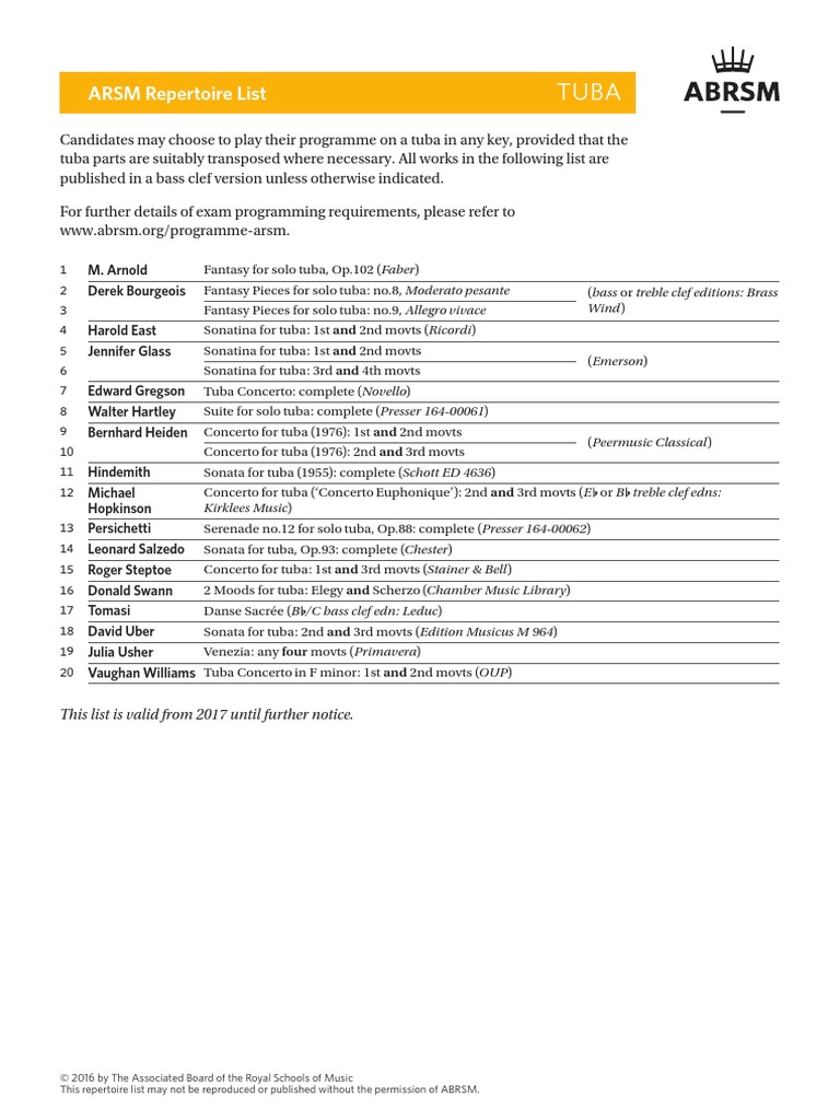ARSM Tuba Repertoire 2017 Onwards | PDF