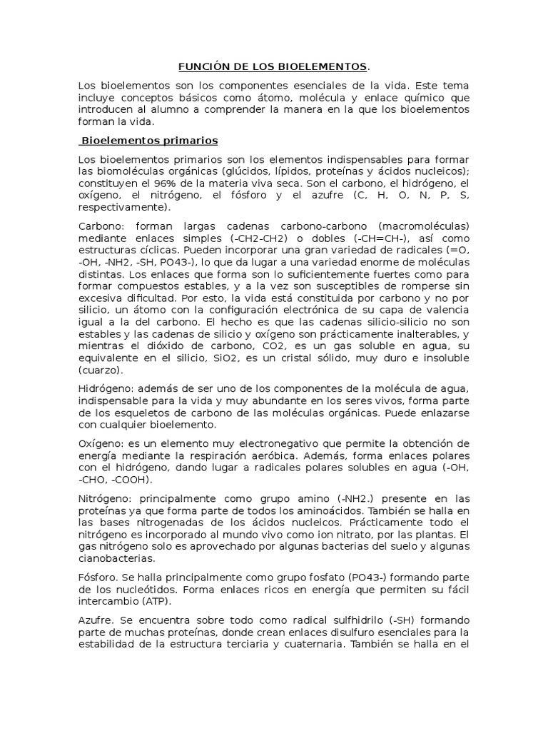Función de Los Bioelementos | PDF | Biomoléculas | Compuestos orgánicos