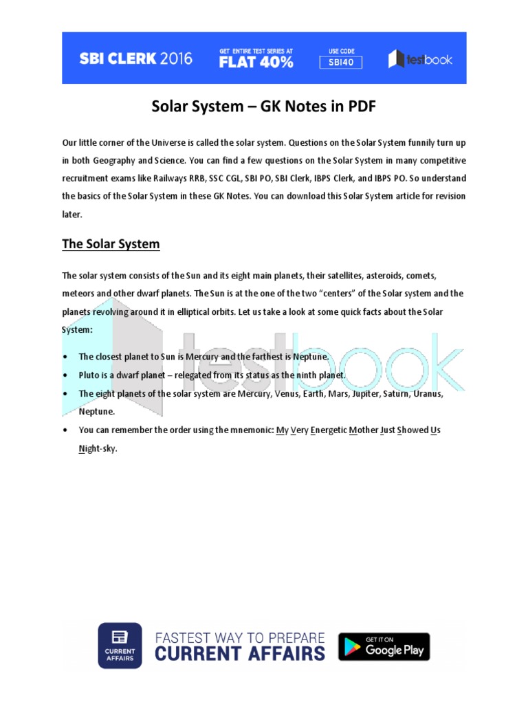 Solar System GK Notes in PDF | PDF | Planets | Natural Satellite