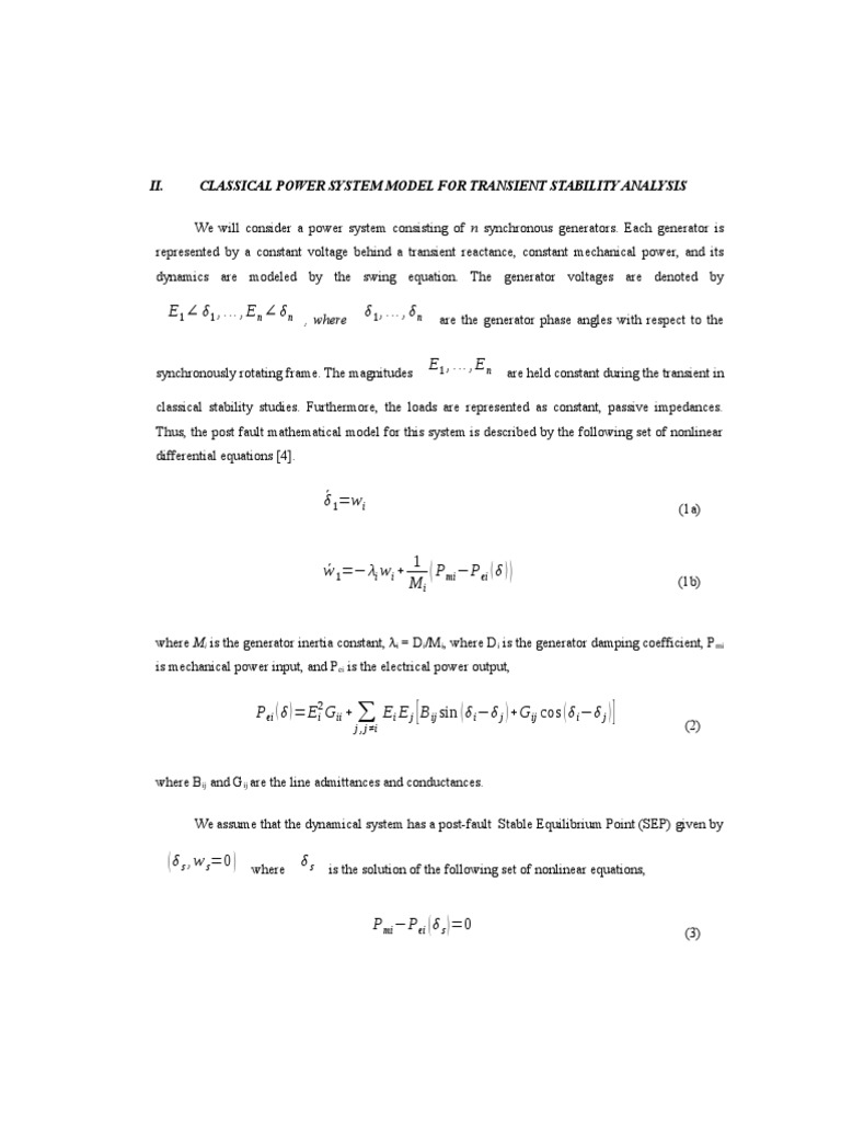 E ∠ δ, …, E ∠δ δ, …, δ E, …, E: II. Classical Power System Model For ...