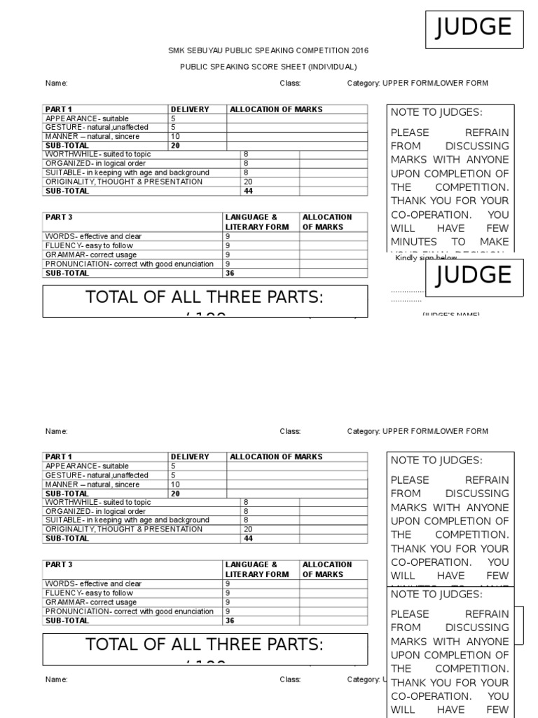 Judge 1: Total of All Three Parts: / 100 | PDF | Fluency | Symbols