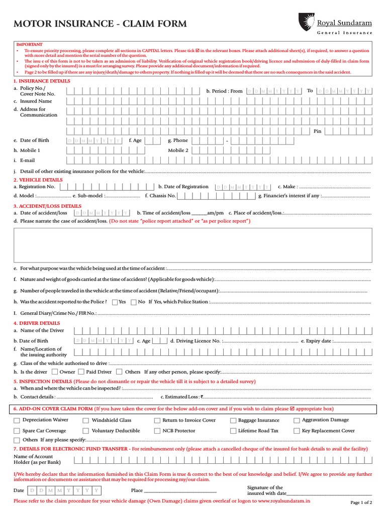 Motor Insurance Claim Form | PDF | Vehicle Insurance | Service Industries