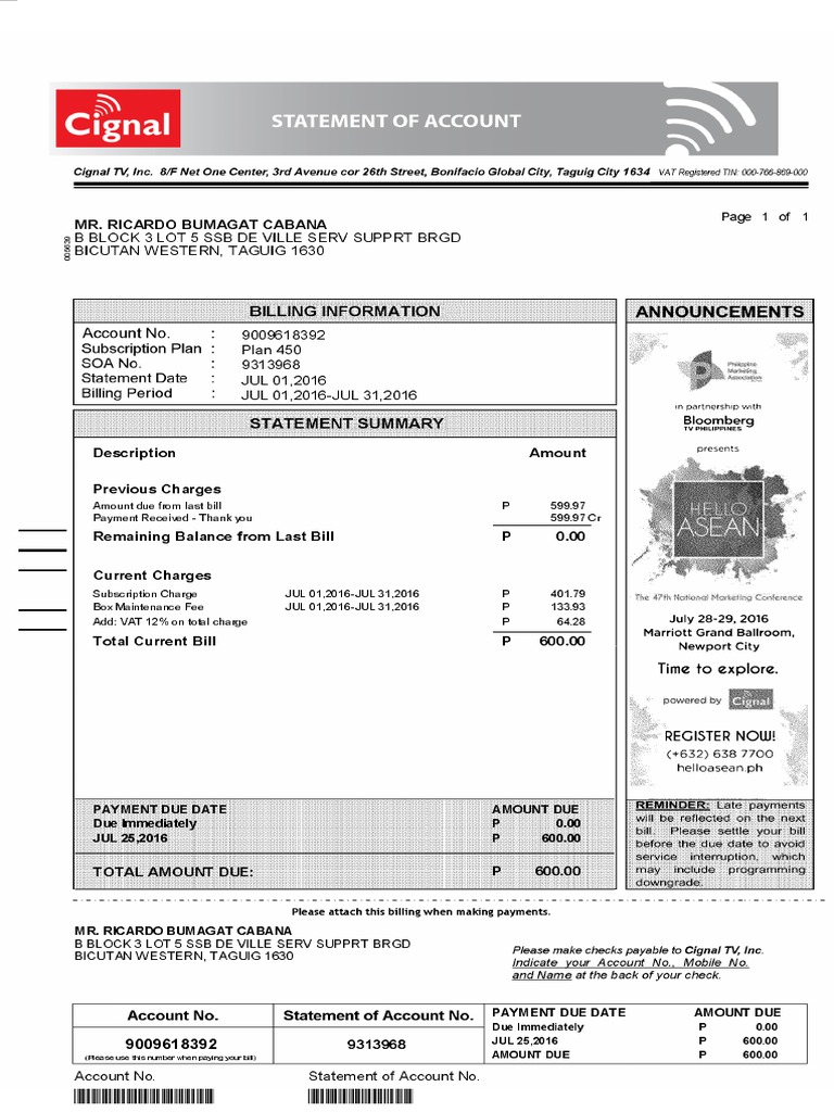 Cignal Bill | PDF