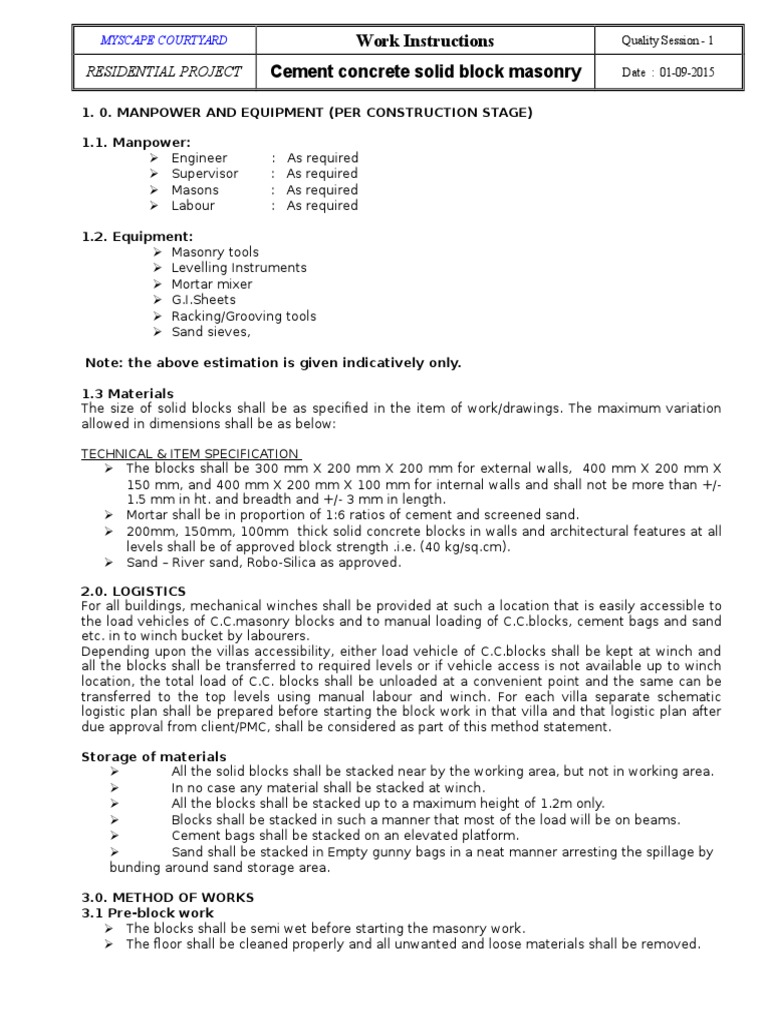 1.0 Block Masonry Work Methodology | PDF | Masonry | Mortar (Masonry)