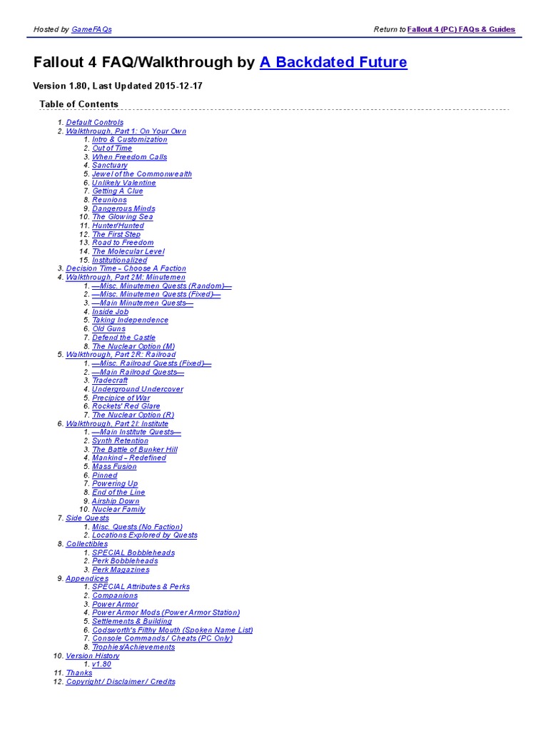 Fallout 4 (PC) FAQ Walkthrough | PDF | Strategy Guide | Play Station