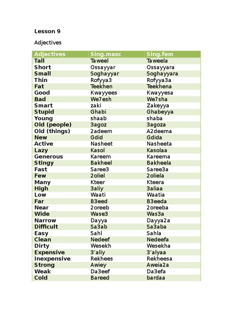 Arabic Adjectives and Feelings Guide | PDF | Language Arts & Discipline
