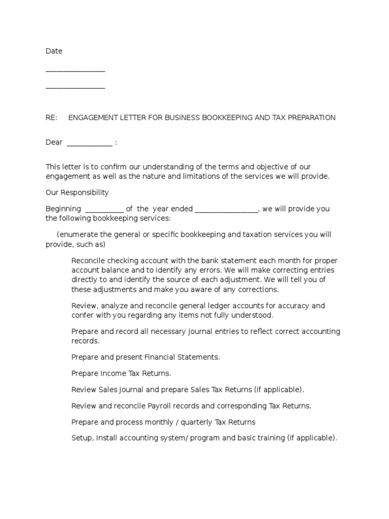 Sample Bookkeeping Engagement Letter Bookkeeping Accounting