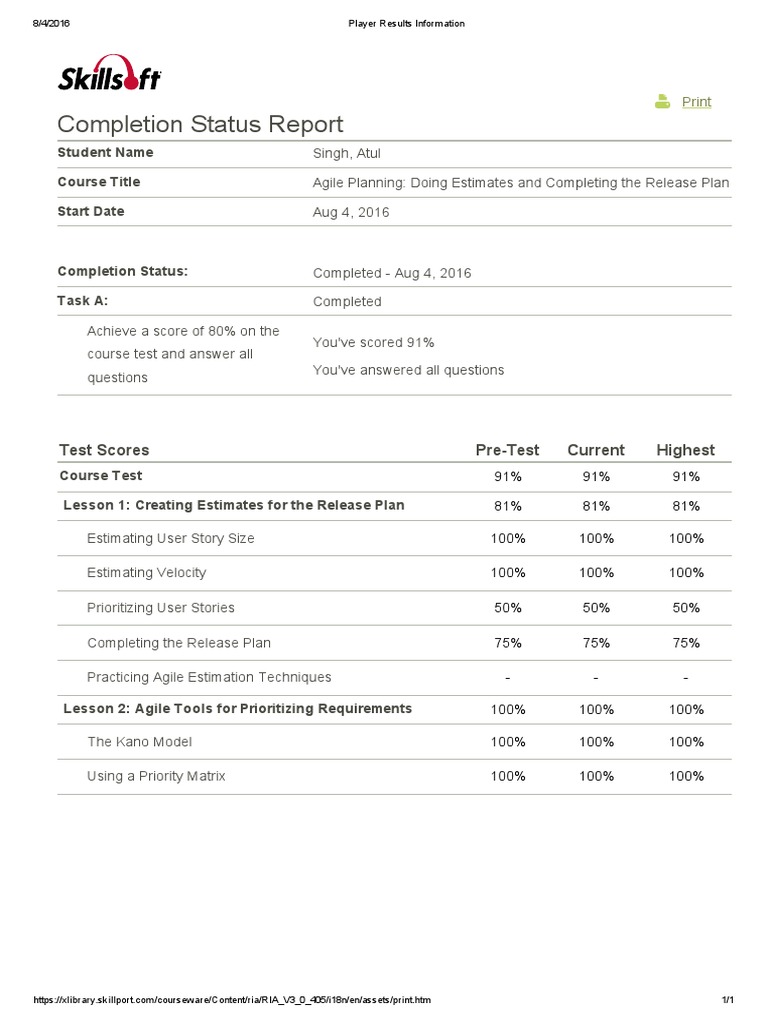 Completion Status Report: Test Scores Pre Test Current Highest | PDF