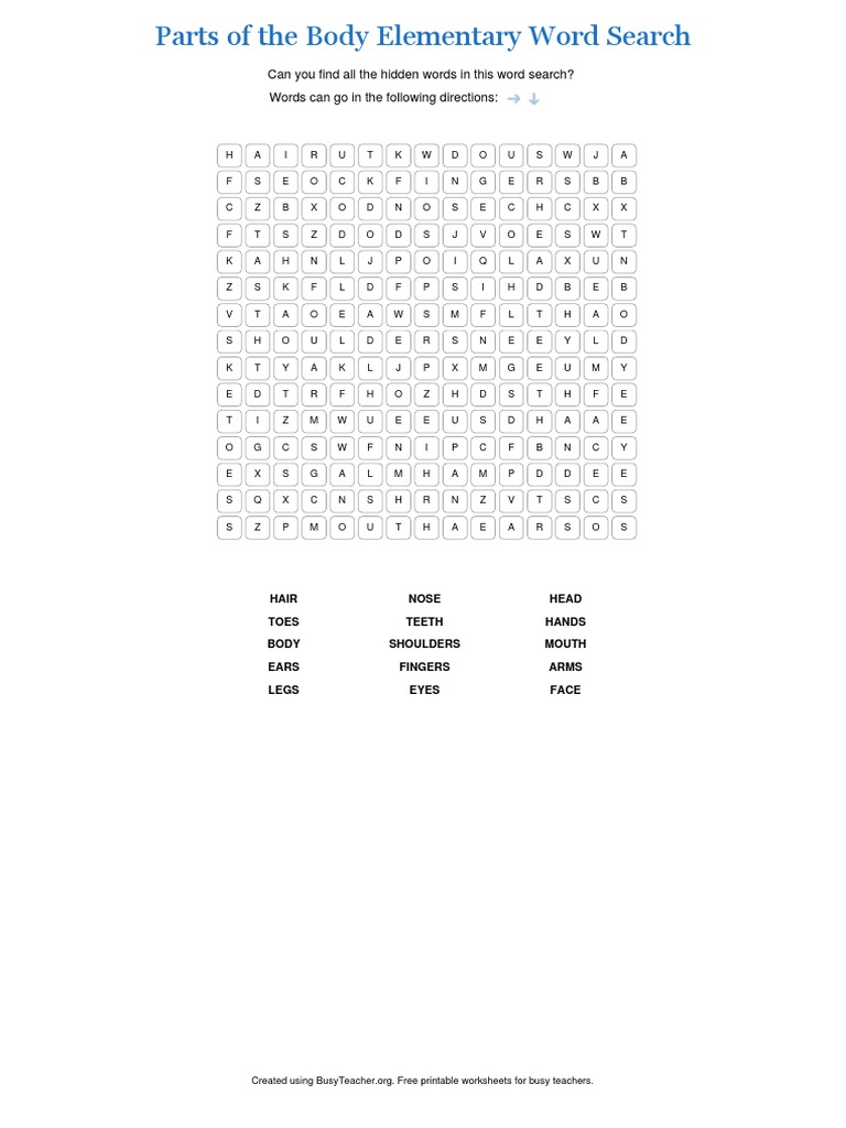 Parts of The Body Elementary Word Search | PDF
