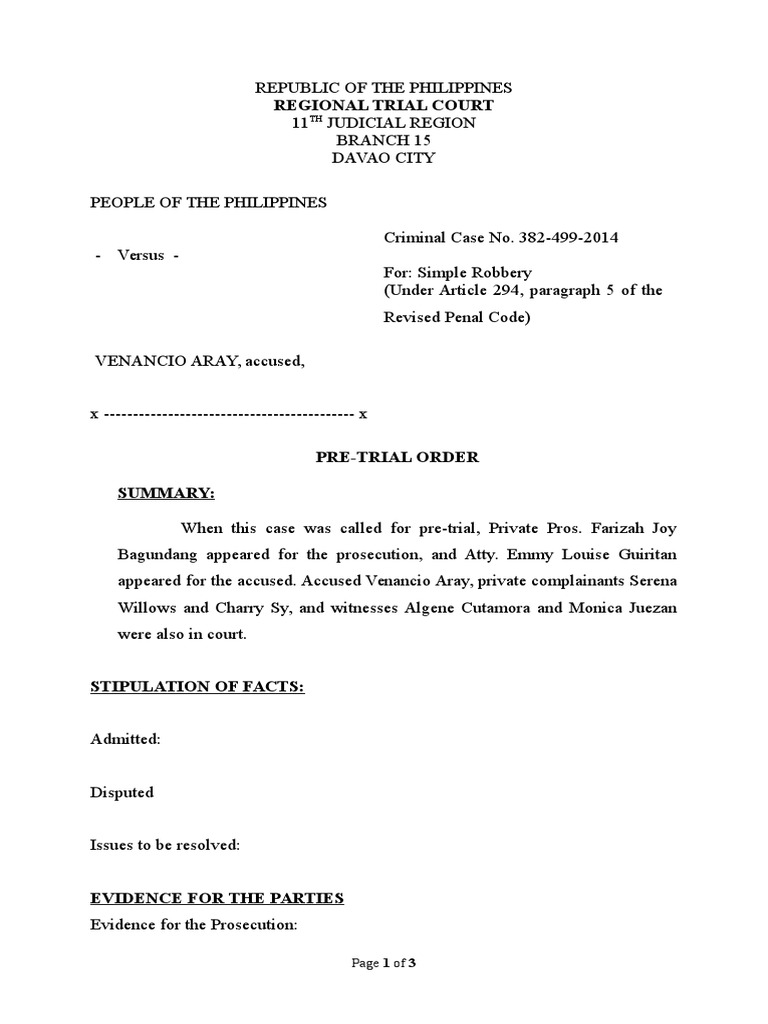 Pre Trial Order | PDF