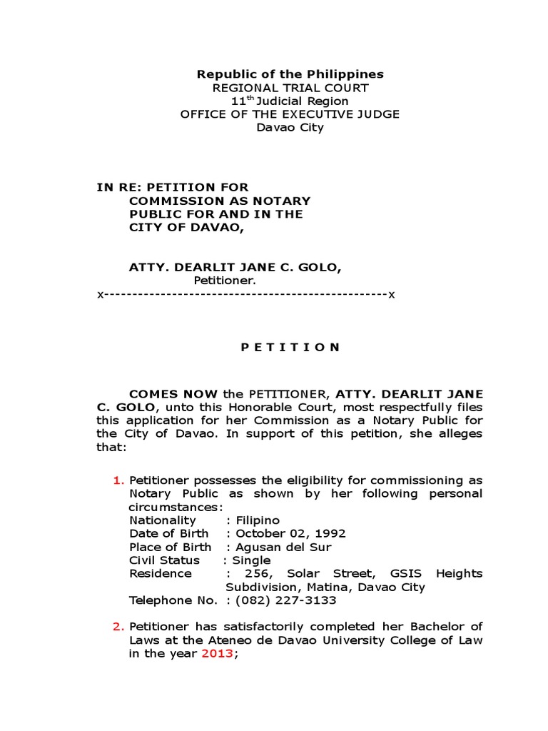 Petition for Commission as Notary Public: Application of Atty. Dearlit ...