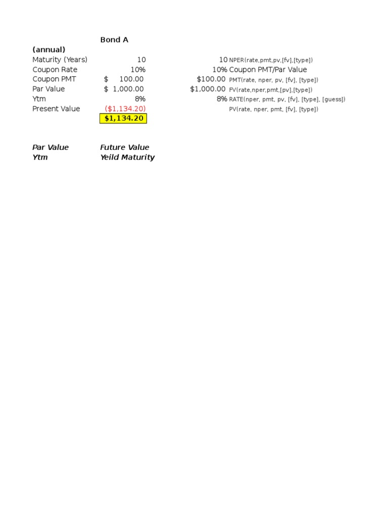 Bond Valuation Formulas in Excel | PDF | Bonds (Finance) | Yield (Finance)