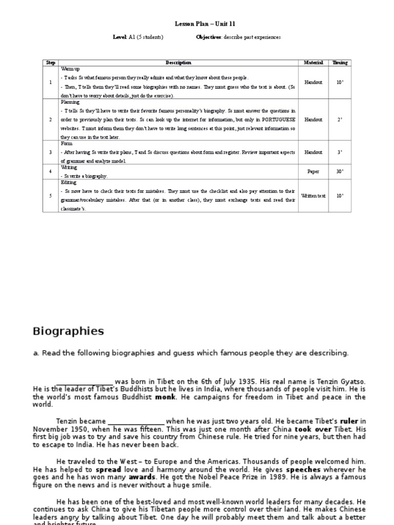 Writing Lesson Plan - Biographies | PDF | Tibet | Leisure