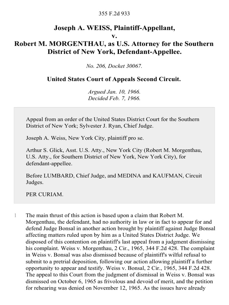 Joseph A. Weiss v. Robert M. Morgenthau, As U.S. Attorney For The ...