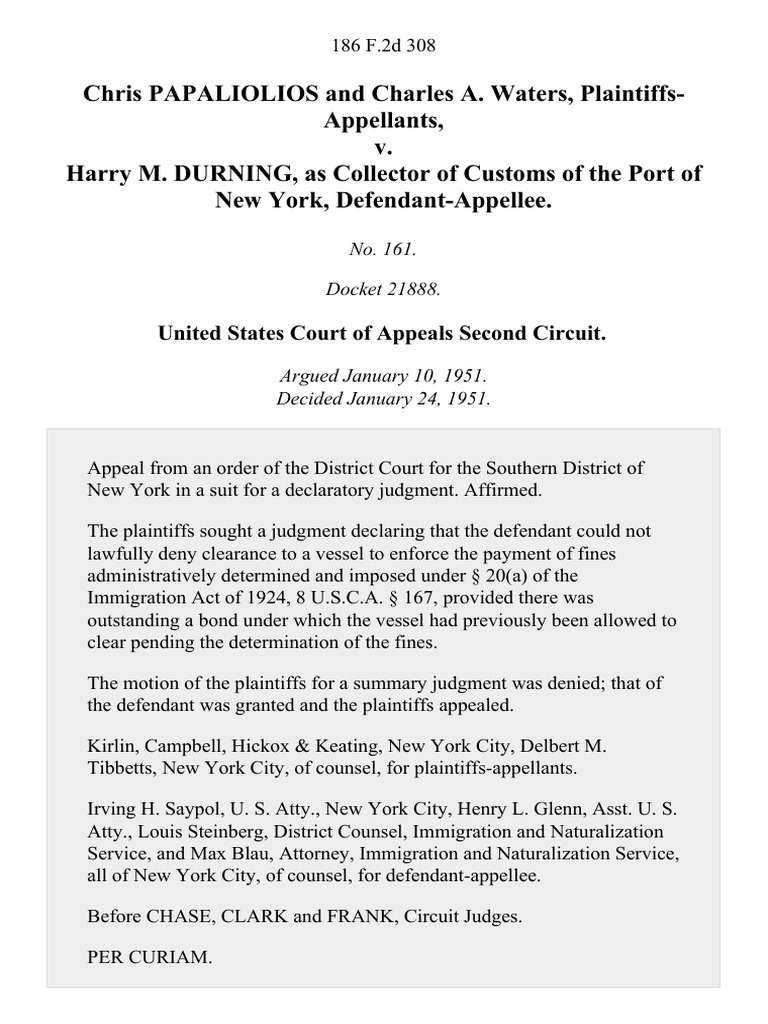 Chris Papaliolios and Charles A. Waters v. Harry M. Durning, As ...