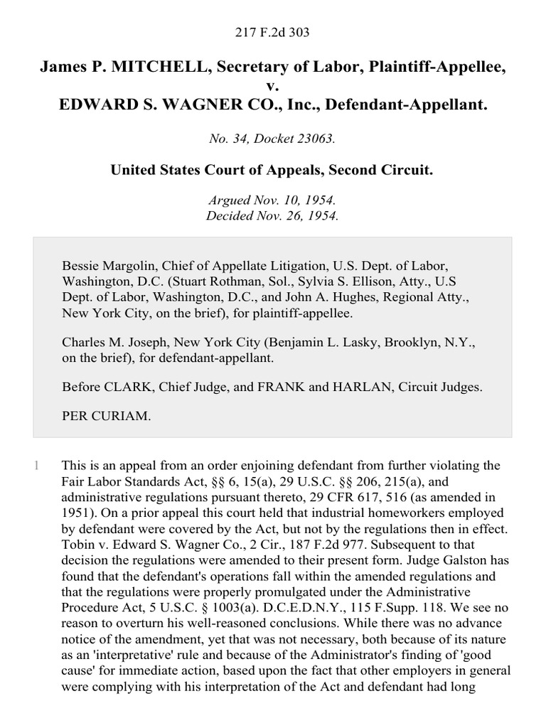 James P. Mitchell, Secretary of Labor v. Edward S. Wagner Co., Inc ...