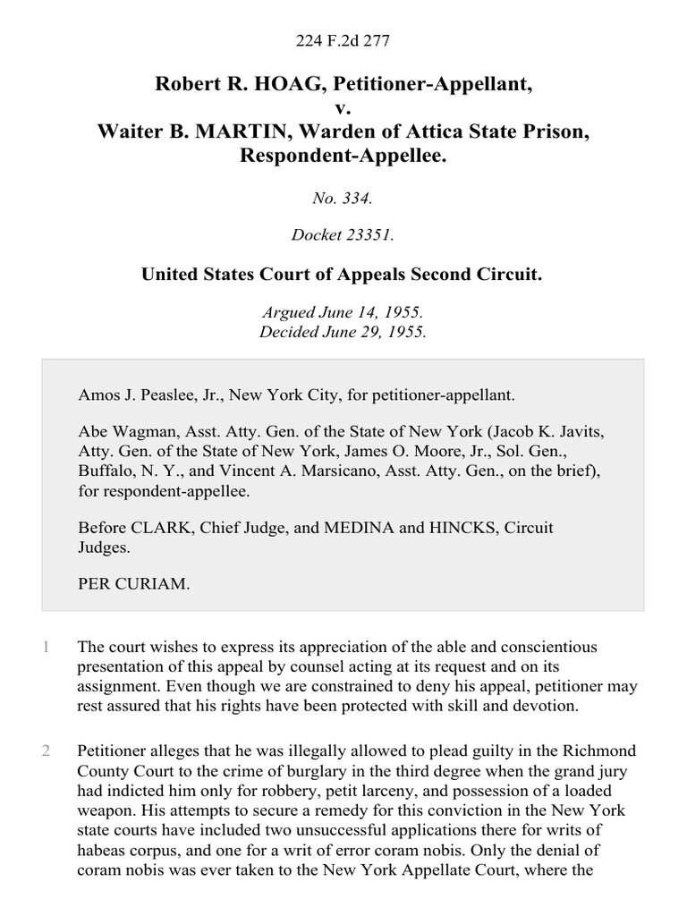 Robert R. Hoag v. Waiter B. Martin, Warden of Attica State Prison, 224 ...