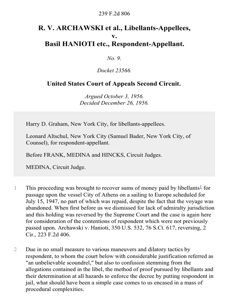 R. v. Archawski, Libellants-Appellees v. Basil Hanioti Etc., 239 F.2d ...
