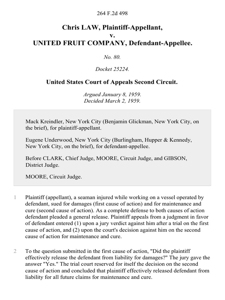 Chris Law v. United Fruit Company, 264 F.2d 498, 2d Cir. (1959) | PDF ...
